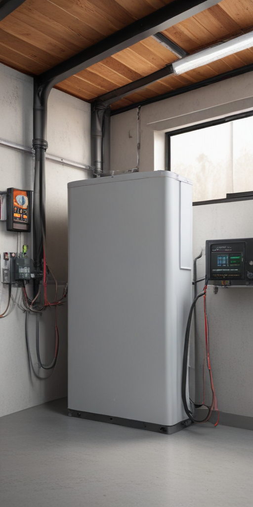 photorealistic image of a home energy battery in a garage
