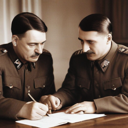 Adolf Hitler and Stalin together signing a paper