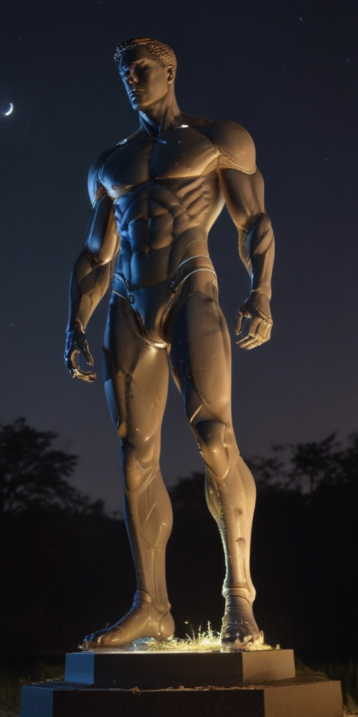 Futuristic male statue illuminated by moonlight on a night trail