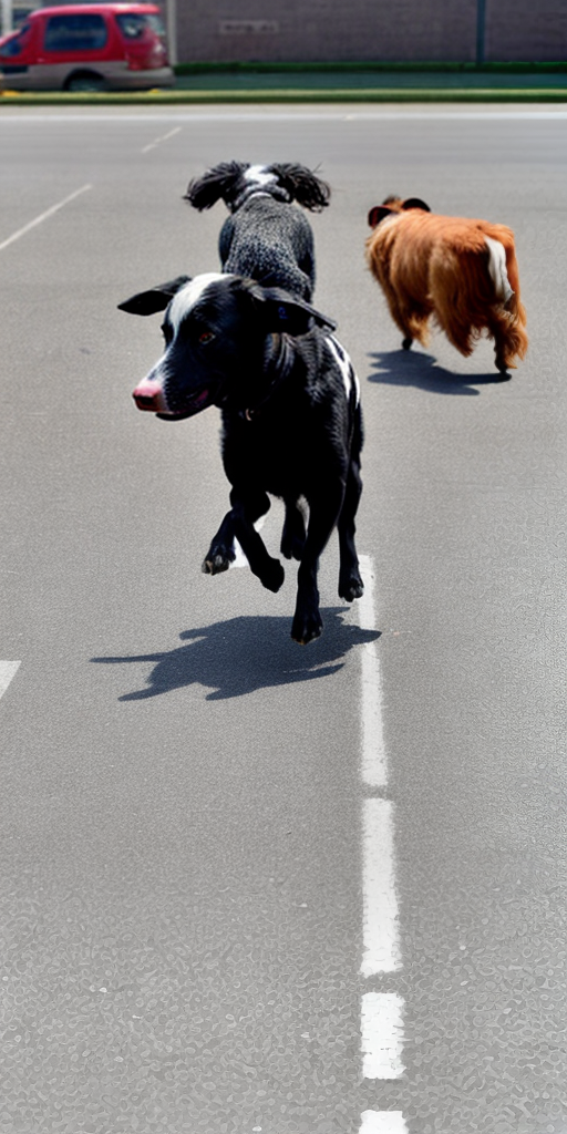 a dog running behind a cow in the city