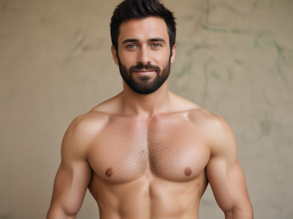 Man standing broad shoulders toned muscled chest with black chest hair ...