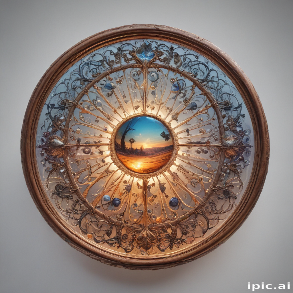 Intricate Circular Artwork Capturing a Serene Sunset Over a Tranquil ...