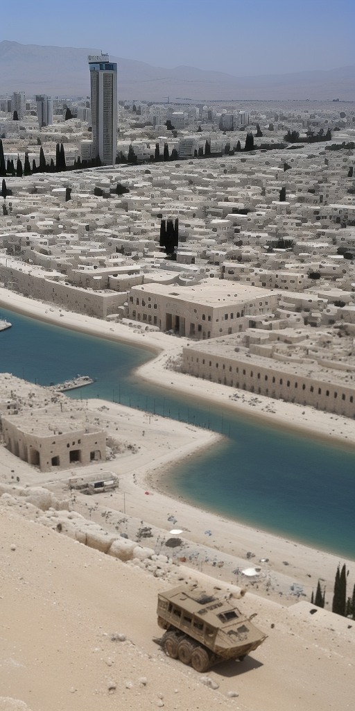 Desert Cityscape: A Modern Urban Landscape with River and Military Vehicle