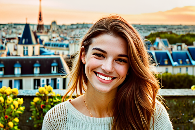 Picture of a beautiful, French girl smiling.