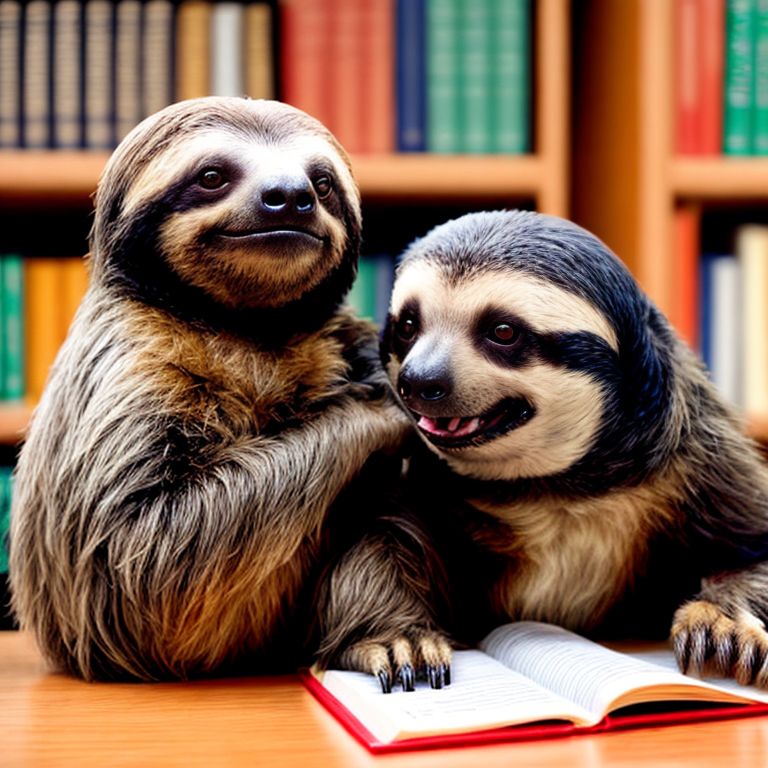 A sloth and a dog studying together in a library