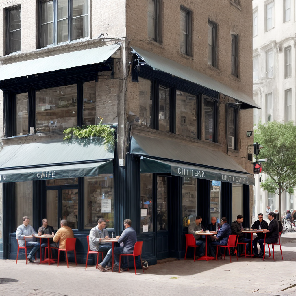 a café with a few tables on the sidewalk, in an urban location