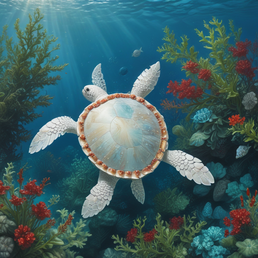 One shining, white sea-turtle made from many precious white pearls ...