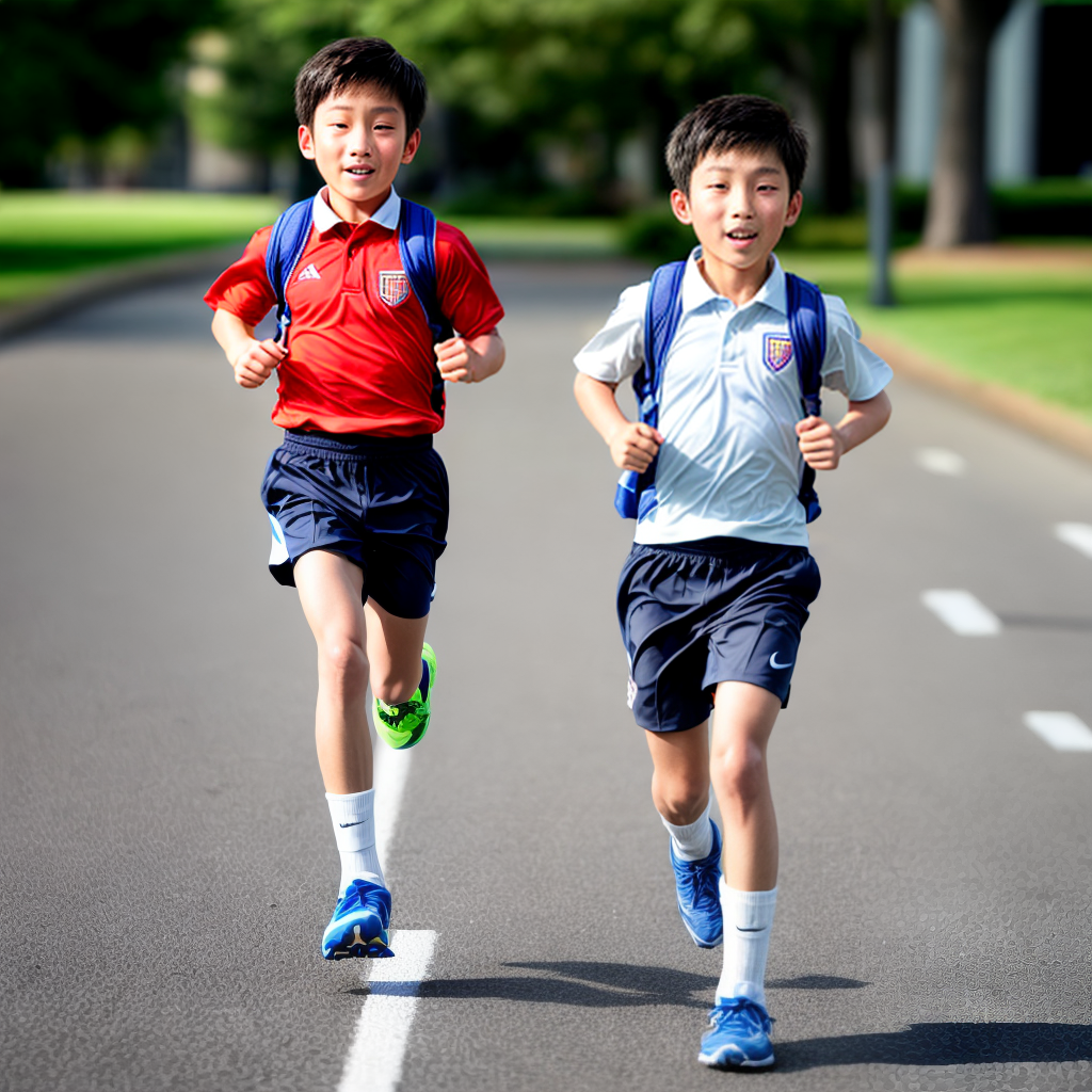 elementary school student running, school uniform