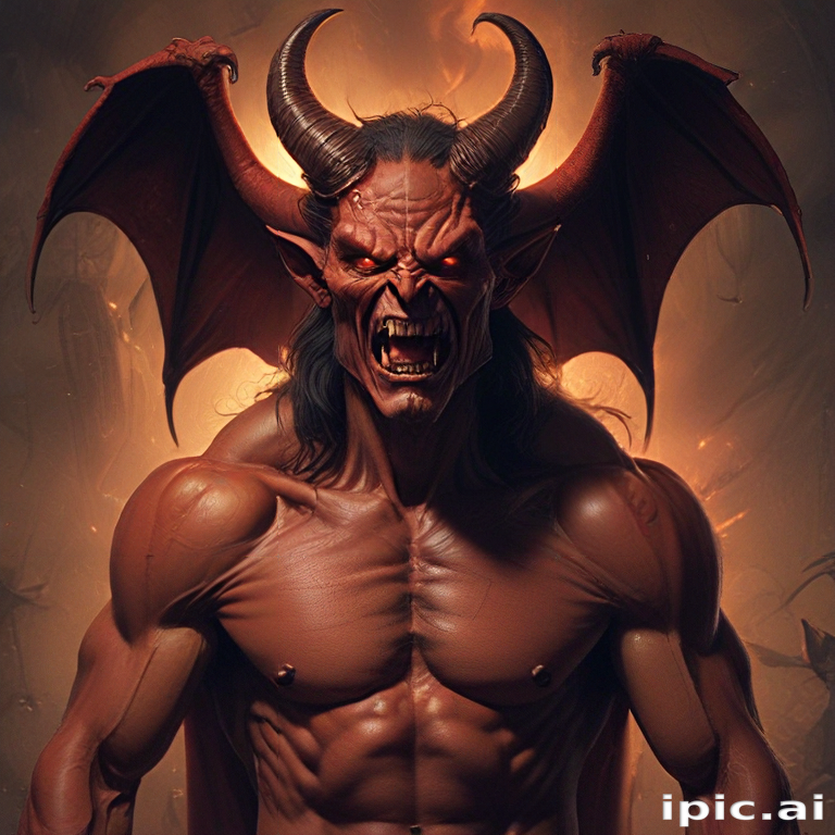 Powerful Demon with Horns and Wings, Radiating Dark Energy in a Fiery ...