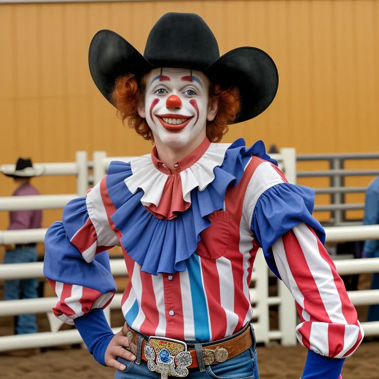 Cheerful Clown in Colorful Cowboy Attire Smiling at the Rodeo Event
