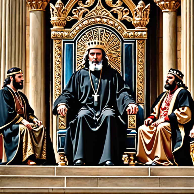 King Solomon sitting on his throne, surrounded by his advisors