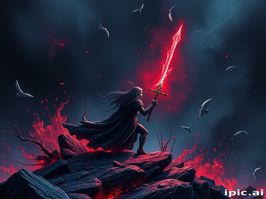 A Dark Warrior Stands Triumphantly, Wielding a Glowing Red Sword Amidst ...