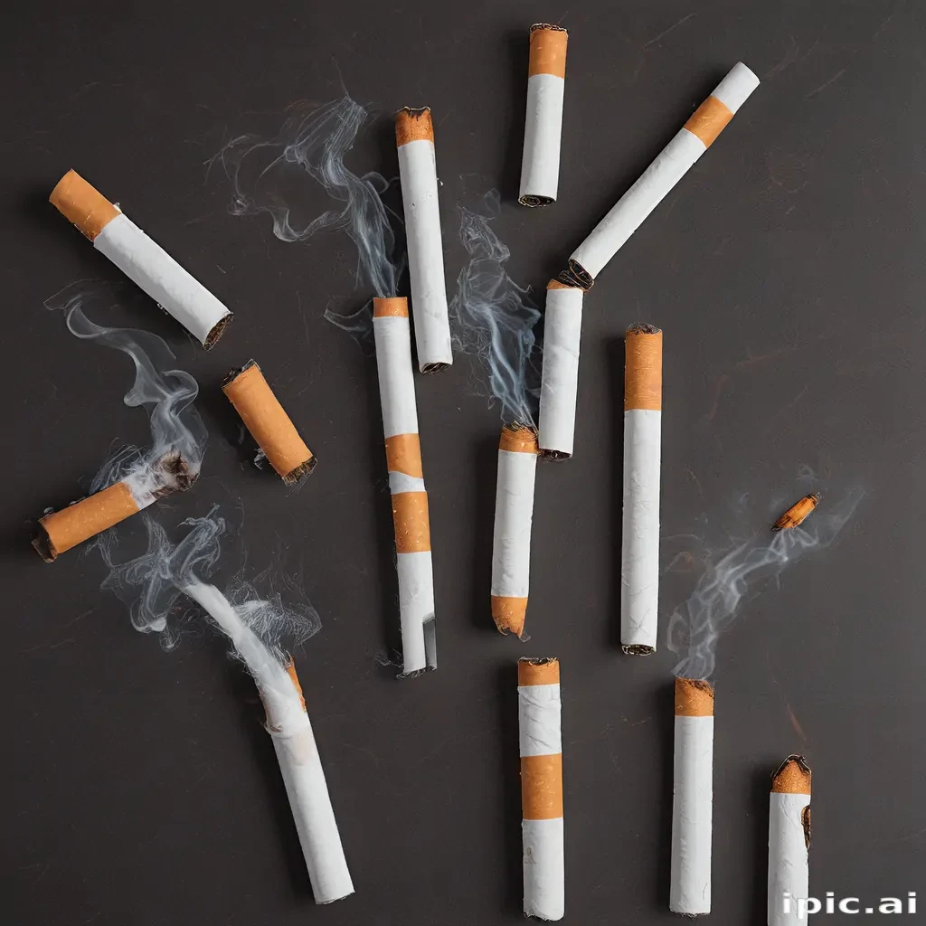 Artistic Arrangement of Burning Cigarettes with Wisps of Smoke Rising