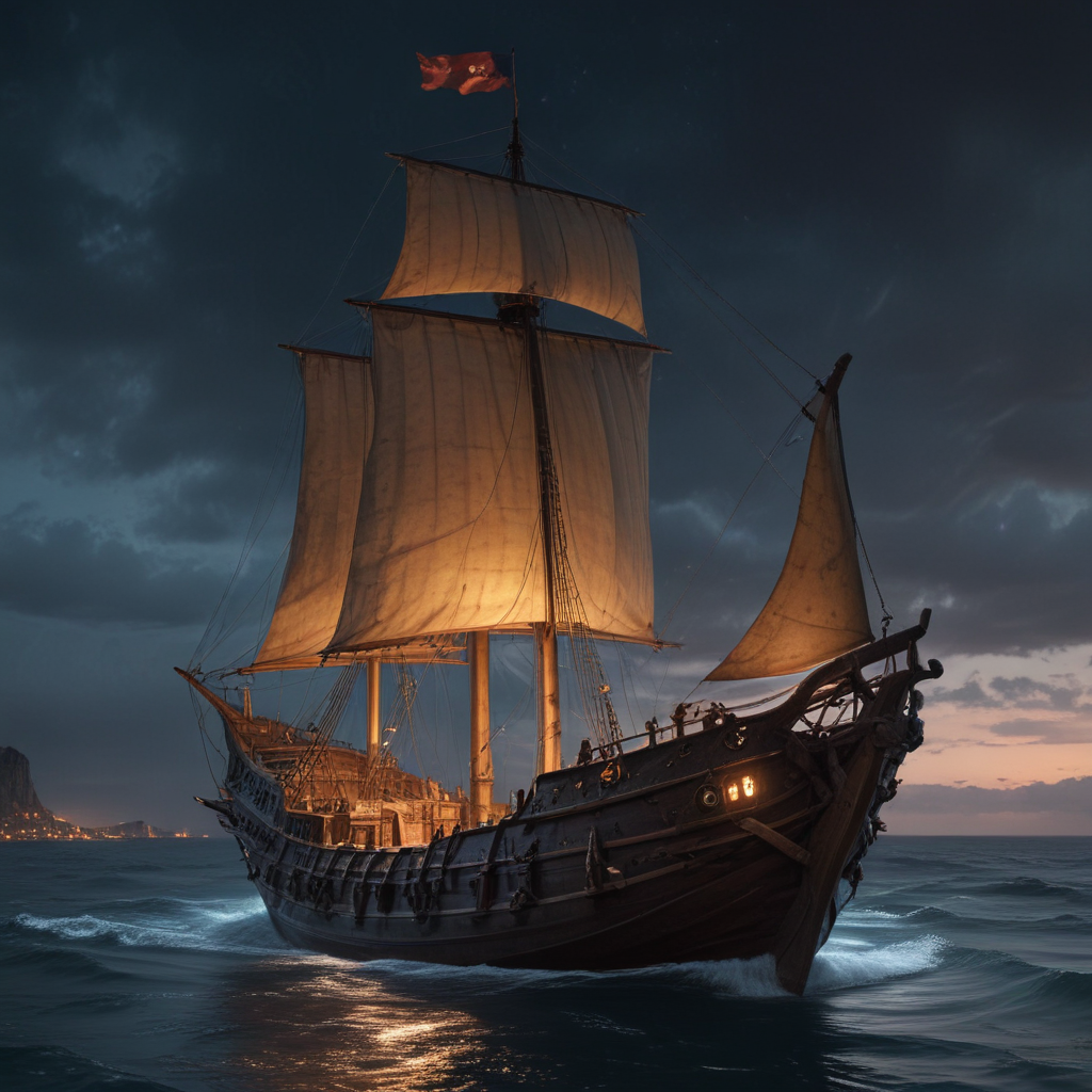 big medieval boat, on sea, at night, fantasy, dramatic lighting ...