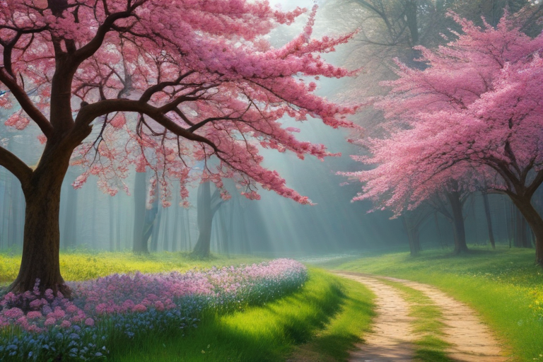 A Serene Pathway Through Blossoming Cherry Trees in a Misty Forest.