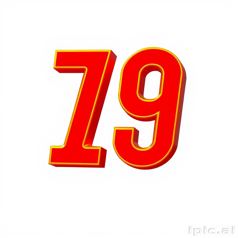 Bright Red Number Seventy-Nine with Yellow Outline on White Background.