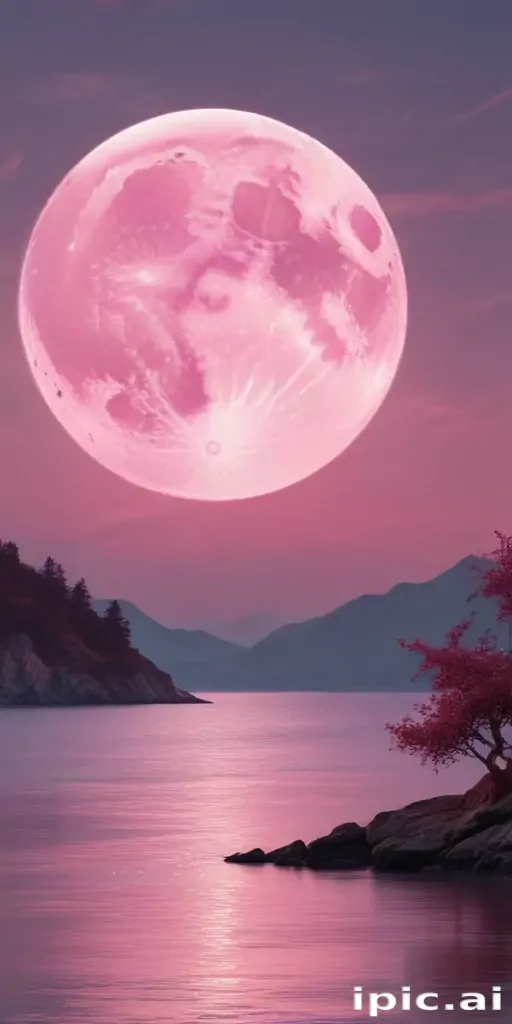 A Serene Landscape Under a Glowing Pink Full Moon at Dusk.