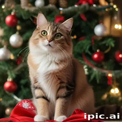 Adorable Cat Posing in Front of a Festively Decorated Christmas Tree