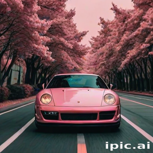 Elegant Pink Sports Car Driving Through a Dreamy Cherry Blossom Lane