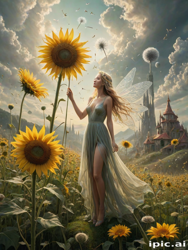 A Magical Fairy in a Sunflower Field Near a Mystical Castle