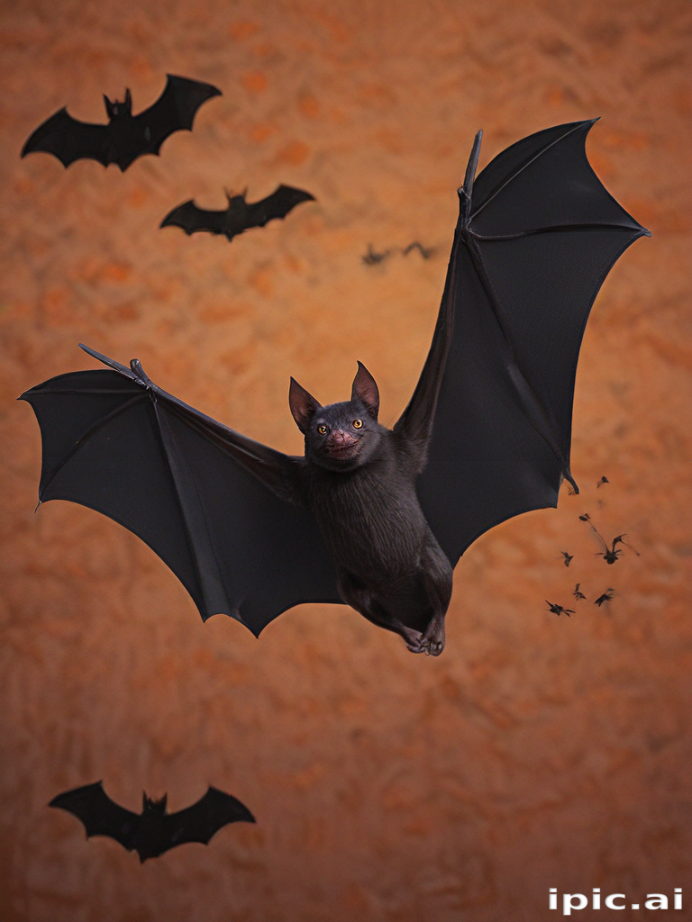 Majestic Bat in Flight Surrounded by Silhouettes of Other Bats