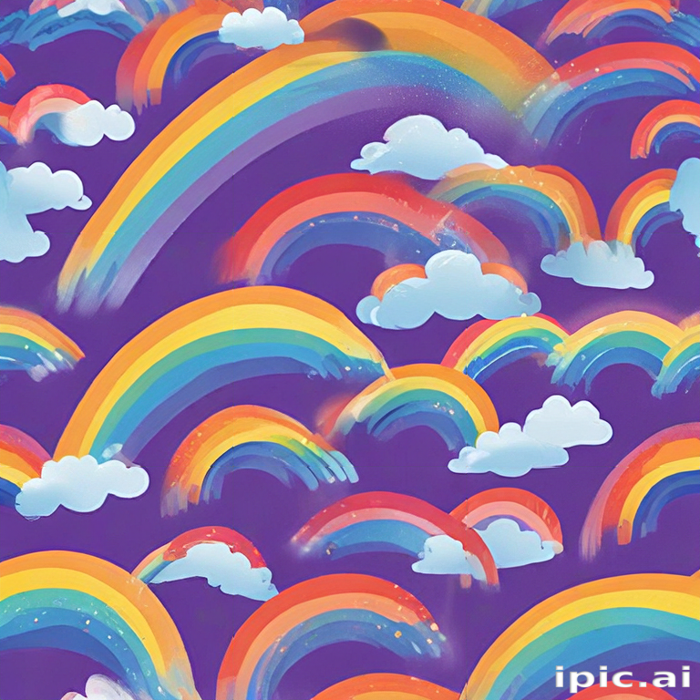 A Vibrant Display of Colorful Rainbows and Fluffy Clouds Against Purple ...