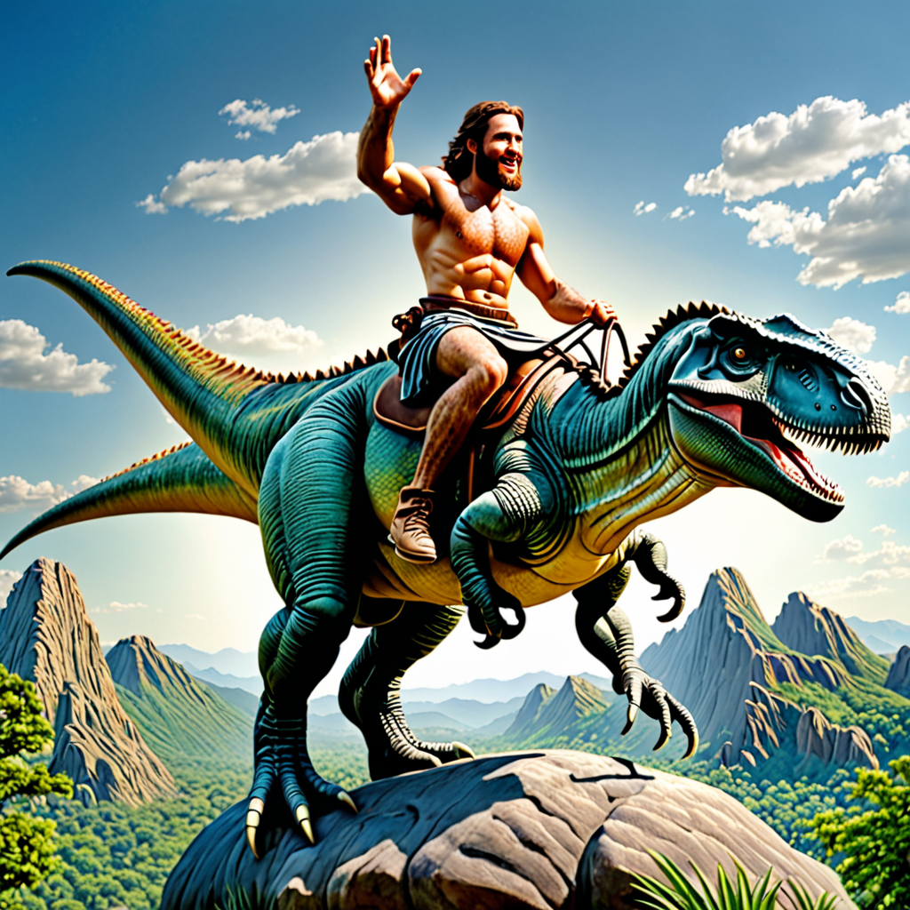 Hyper realistic photo dinosaur riding a jesus