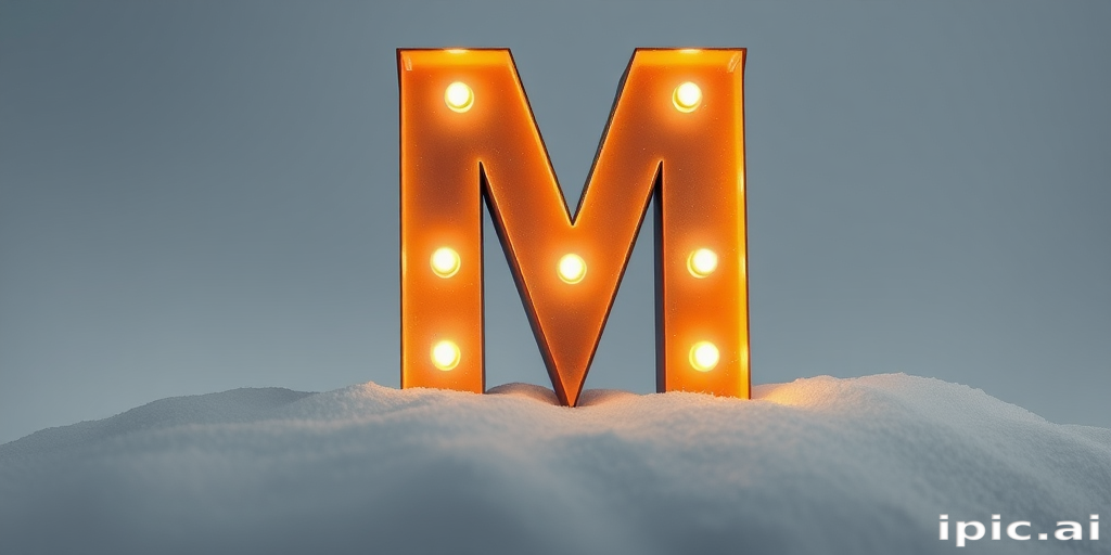 Illuminated Letter M Surrounded by Soft, White Snowy Landscape Background