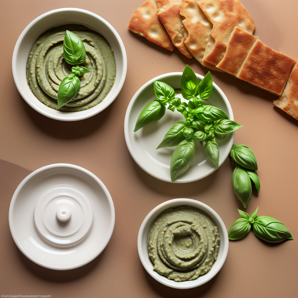 Delicious Homemade Basil Pesto Served with Crispy Flatbread and Fresh Herbs