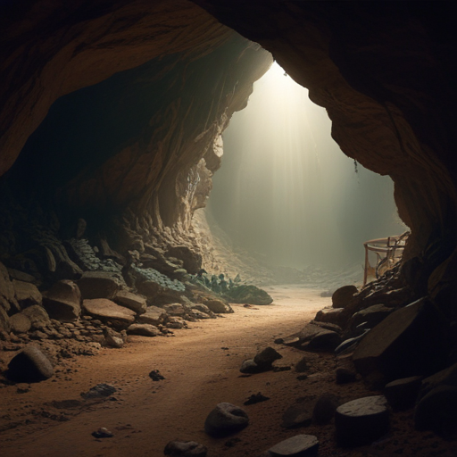 A miserable fish exploring in a hyperrealistic village in a cavern ...