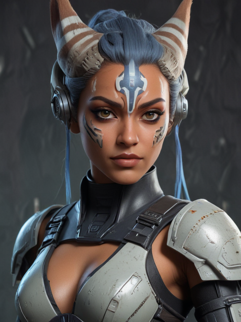 Ahsoka Tano as a cyborg with horns in style of Cyberpunk and Tomb Raider