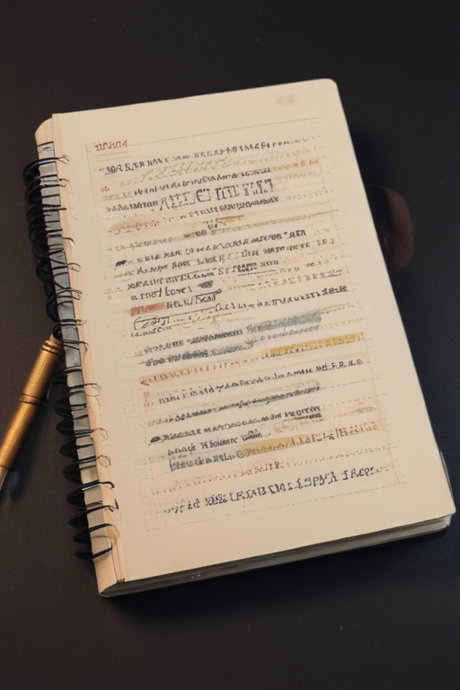 A Blank Notebook with Handwritten Notes and a Golden Pen Resting Nearby