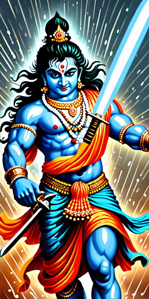 Angry blood drenched lord krishna with thunder as sword