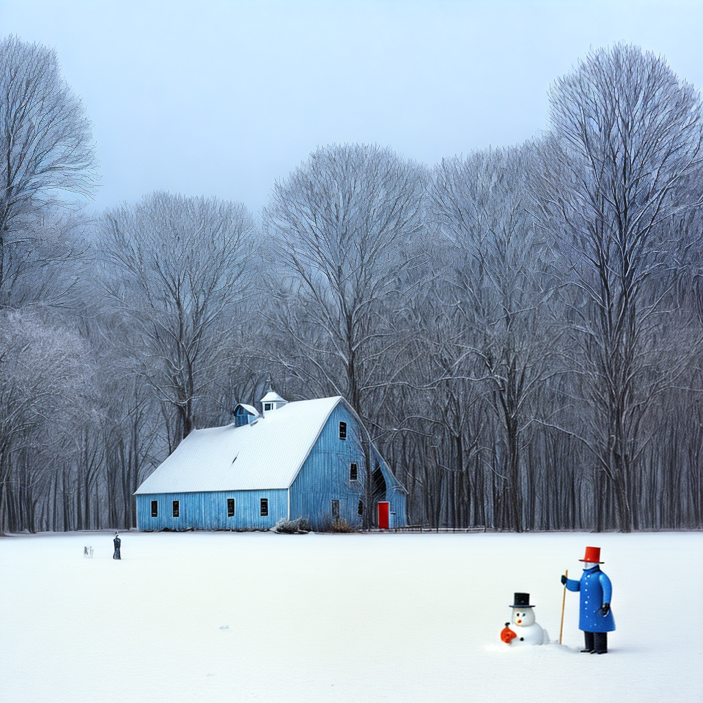 Water color, blue farmhouse barn, snowman, snowing