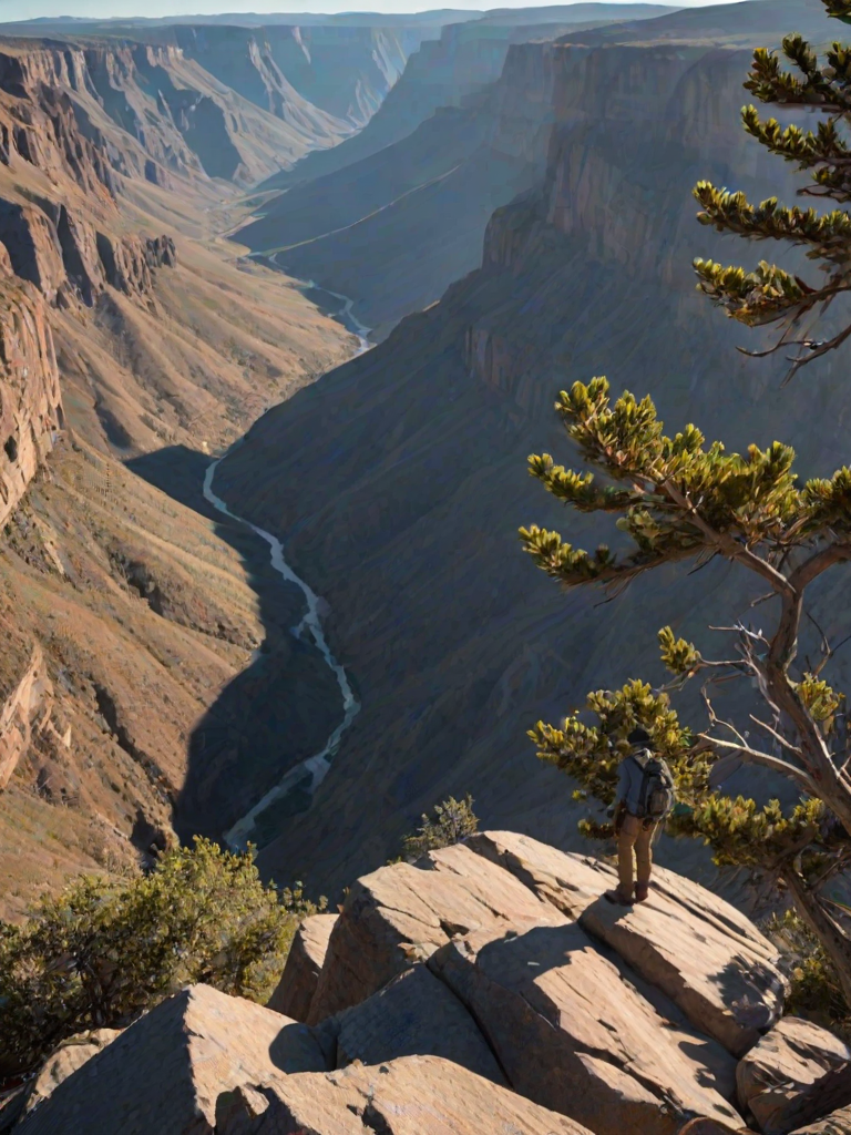 Exploring Majestic Landscapes: A Hiker Overlooking a Vast Canyon Valley