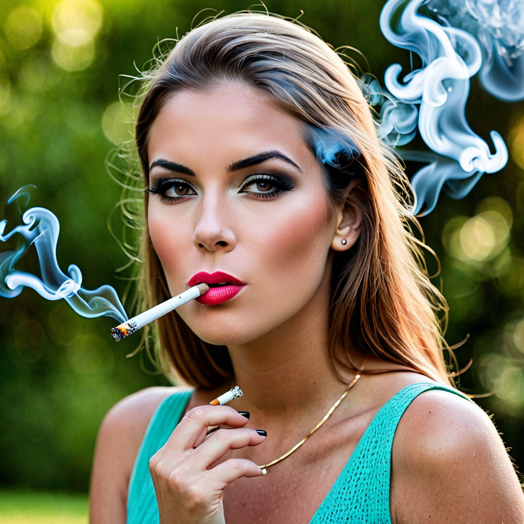 An attractive woman, smoking a cigarette and blowing smoke rings