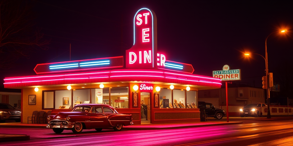 Classic Retro Diner Illuminated at Night with Vintage Car Parked Outside