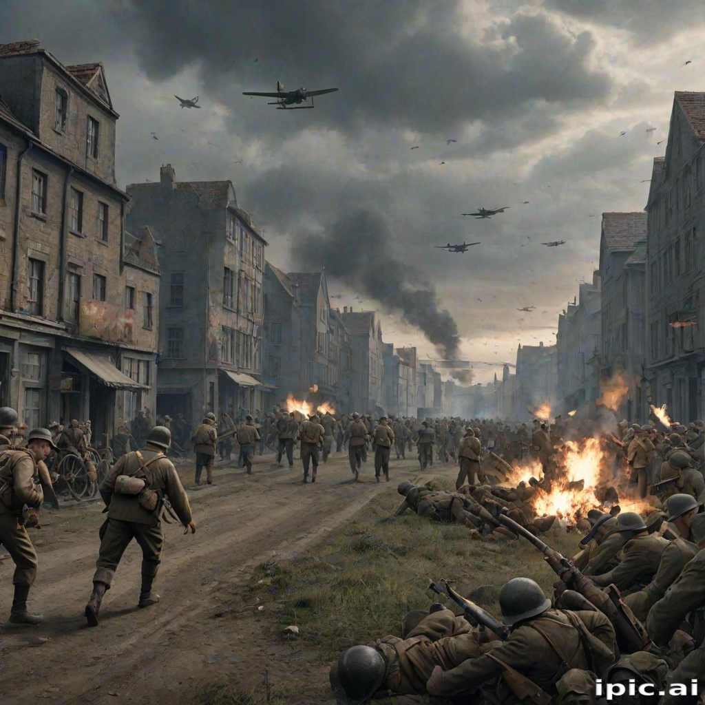 Chaos and Valor: A Historic Battle Scene with Soldiers and Aircraft