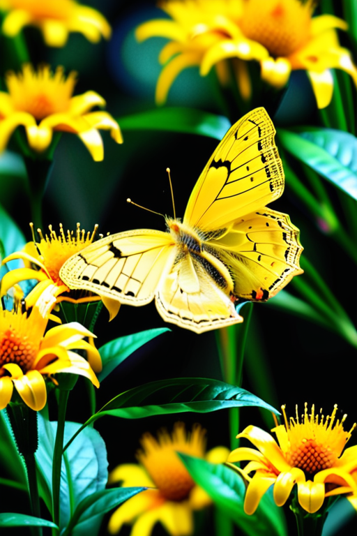 A Vibrant Yellow Butterfly Gracefully Flutters Among Bright Yellow Flowers.