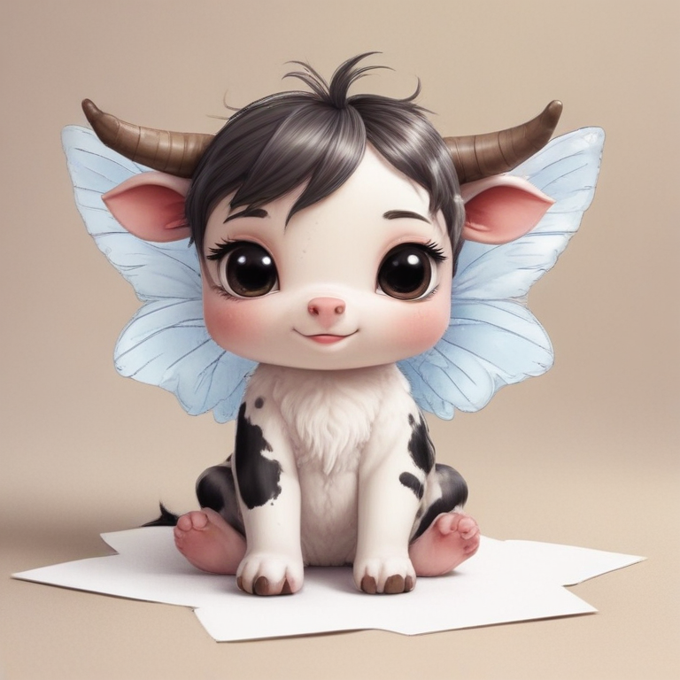 cute kawaii cow sitting with fairywings drawing anime chibi
