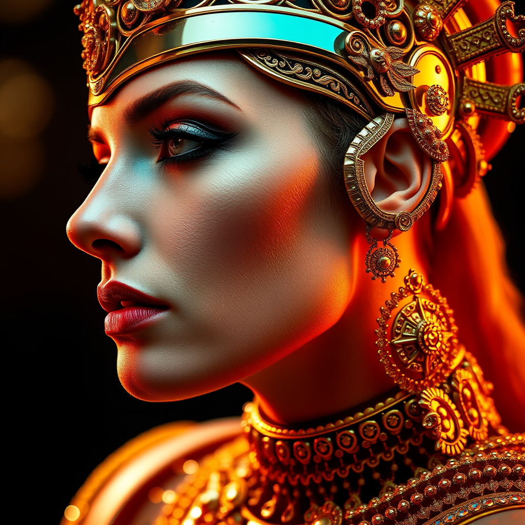 Regenerate a portrait of a futuristic queen with golden accessories and ...