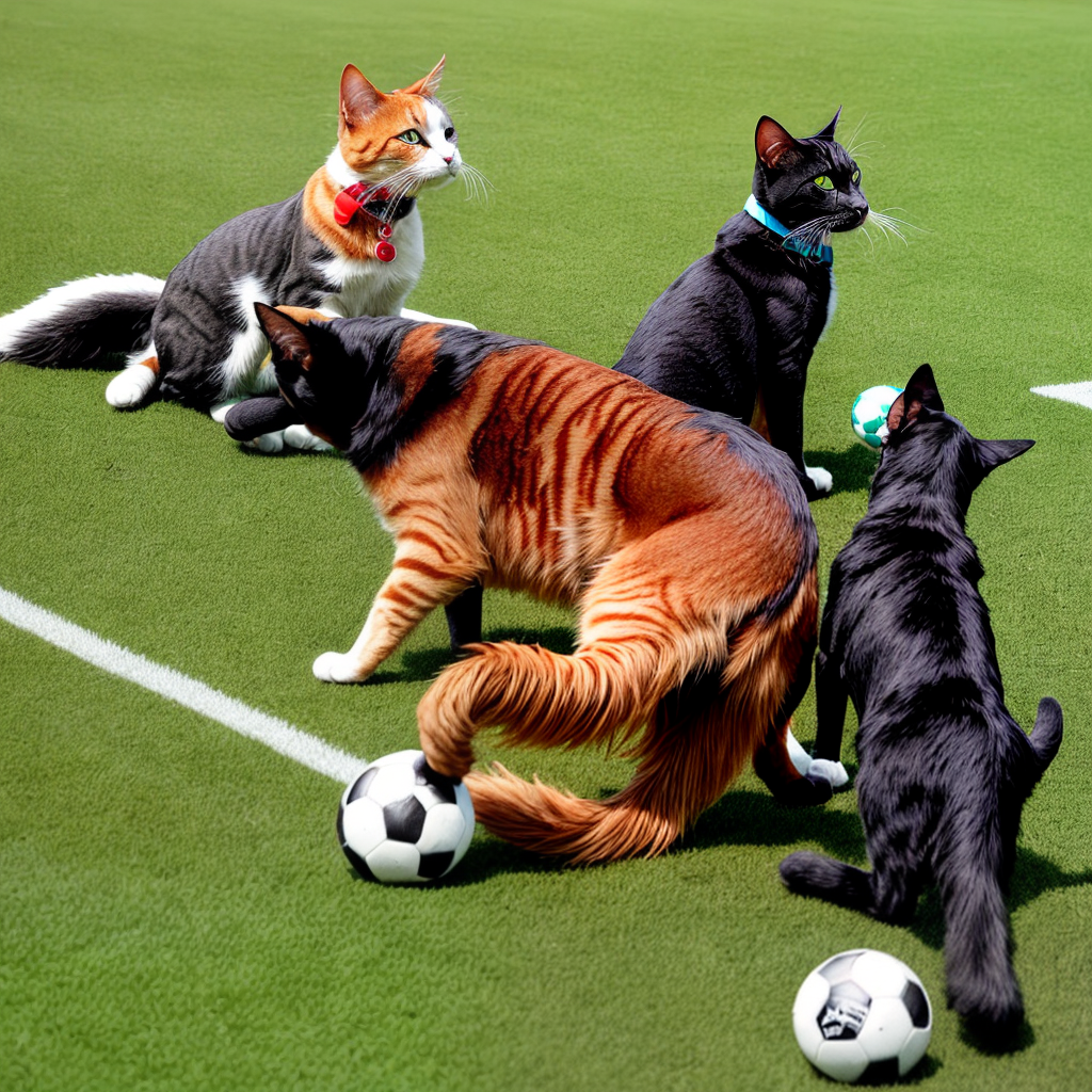 cat and dog playing football