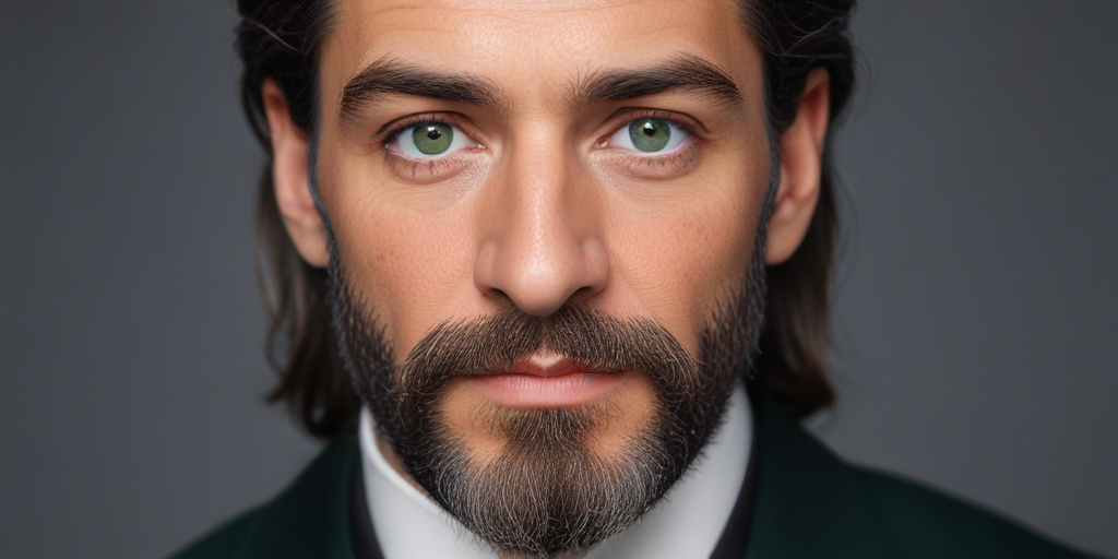 Masculine Elder Tudor Duke, black greying hair & beard green eyes