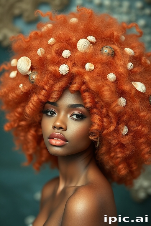 Radiant Portrait of a Woman with Vibrant Orange Hair and Seashells