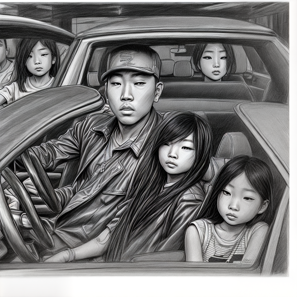 ONE ASIAN RAPPER SITING IN THE CAR WITH GIRLS. CLOSE-UP. FRONT VIEW ...