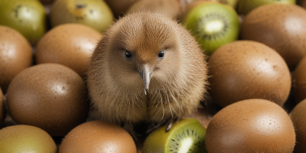 a kiwi bird sat on a pile of squashed kiwis
