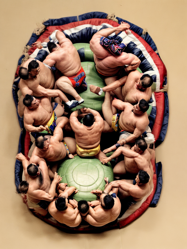 overhead view of a Sumo wrestling ring with sumo wrestlers sitting ...