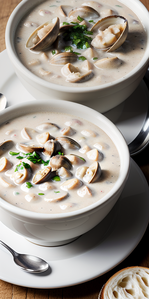 Delicious Creamy Clam Chowder Served in Elegant Bowls with Fresh Herbs.