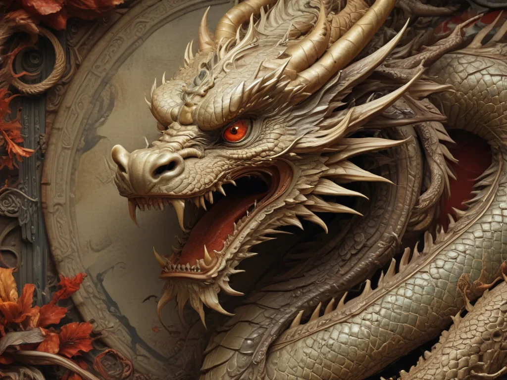 Majestic Dragon Sculpture with Intricate Details and Vibrant Fiery Eyes.