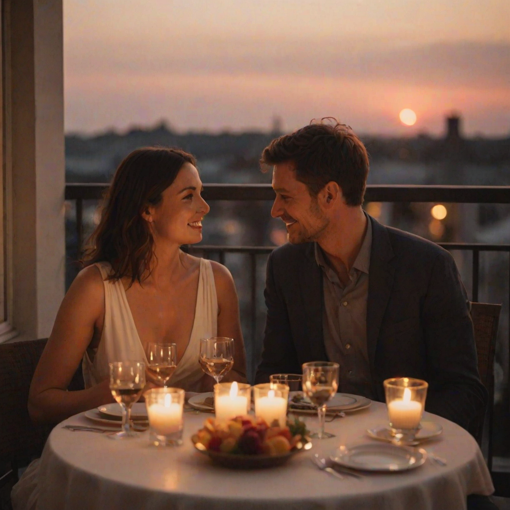 Romantic Evening Dinner on a Rooftop with Sunset Views and Candles
